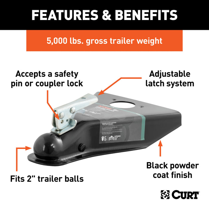 CURT Black A-Frame Trailer Coupler, 2-Inch Hitch Ball, 5,000 lbs Model ...