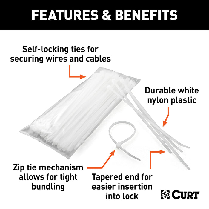 CURT Plastic Zip Ties, White, 7-1/4-Inch Long, 100-Pack Model 59728 ...